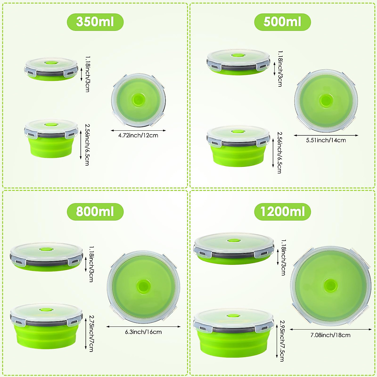Dandat 16 Pcs Collapsible Food Storage, Silicone Food Storage Containers with Lids Including 8 Round Bowls, 8 Rectangle Bowls Collapsible Freezer Bowls Sets for Dishwasher (Green)