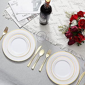 N9R 150PCS Gold Plastic Plates with Plastic Cutlery Set and Cups, Disposable Silverware include 25 Dinner Plates, 25 Dessert Plates, 25 Forks, 25 Knives, 25 Spoons, 25 Cups for Party and Wedding