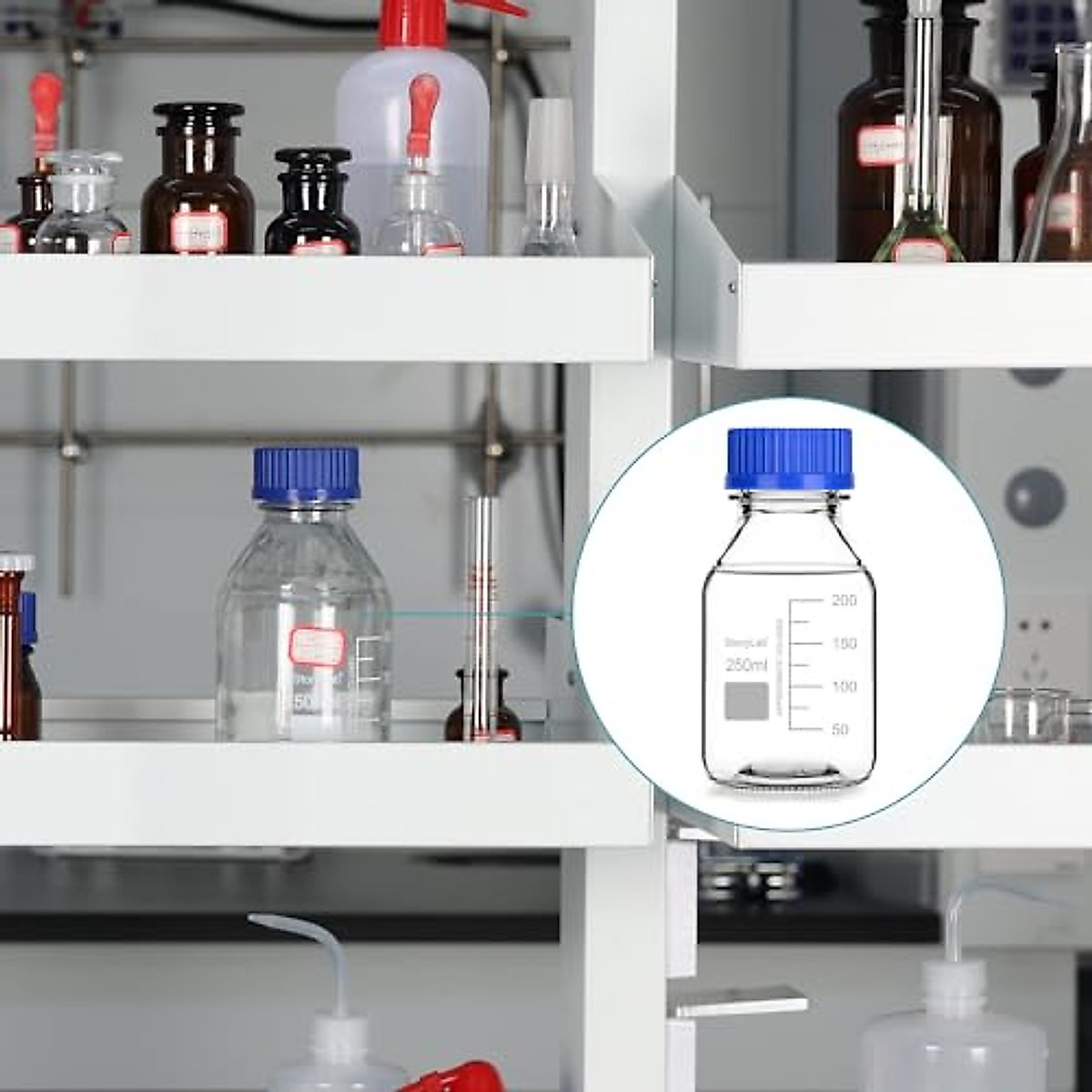 stonylab Graduated Storage Bottles with GL45 Screw Cap, 500 ml Borosilicate Glass Clear Round Lab Reagent Media Storage Bottles with Blue Screw Cap, 1 Pack