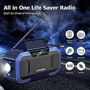 Portable Emergency Radio Bluetoooth Speaker,FM AM WB NOAA Weather Radio w/ 5000mAh Power Bank,IPX5 Waterproof Hand Crank Solar Radio w/LED Flashlight,SOS Alarm,Compass for Outdoor Survival