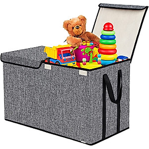 YOLOXO 2 Pack Large Kids Toy Box Chest Storage Organizer with Flip-Top Lid Dark Grey+Thin Grey