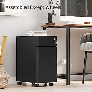SONGMICS File Cabinet, Steel Filing Cabinet with 3 Drawer, Mobile Pedestal Cabinet Under Desk, with Lock, Fully Assembled Except Casters, Black UOFC030B01