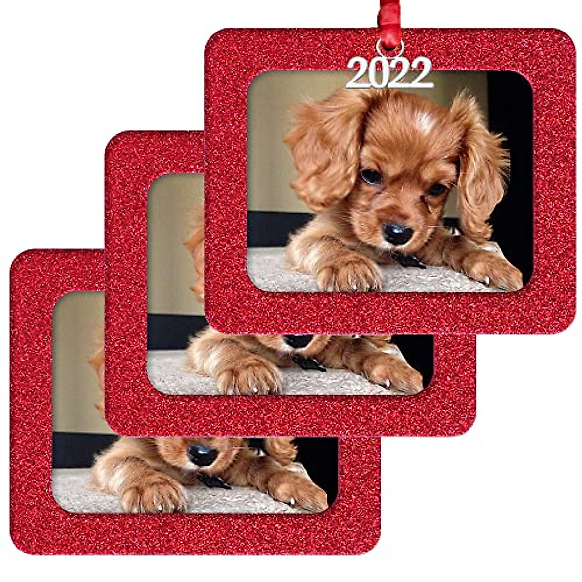 2022 Christmas Photo Frame Ornament, Magnetic Glitter with Non-Glare Photo Protector, Horizontal - Red, 3-Pack