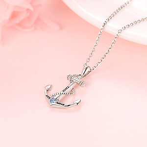 925-Sterling-Silver Sailor Anchor Necklace for Women - Engraved Ship Nautical Jewelry White Gold Plated Chain Faith Hope Love Inspirational Navy Blue Heart Cubic Zirconia Pendant Gifts