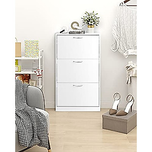 HOPUBUY Narrow Shoe Cabinet for Entryway, White Shoe Storage Cabinet, Slim Flip Down Shoe Rack 3 Tier Shoe Organizer for Home and Apartment