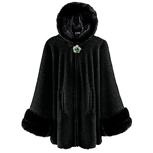 Dahlia Women's Winter Poncho Cape – Luxurious Faux Fur-Trimmed, Shed-Free, Silky Touch, Fleece-Lined Elegant Cloak, Black Large