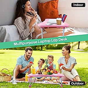 KPX Portable Laptop Bed Table, Fordable Lap Desk with Cup Slot & Notebook Stand Breakfast Bed Trays for Eating and Laptops Book Holder Lap Desk for Floor,Couch, Sofa, Bed, Terrace, Balcony (Pink)