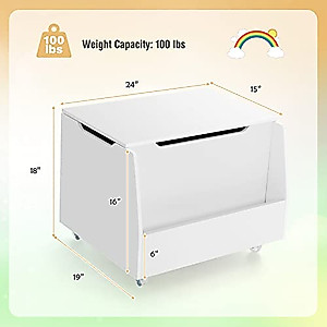 HONEY JOY Kids Wooden Toy Box, 3-In 1 Large Toy Storage Chest with Bookshelf, Flip-Top Lid, Safety Hinge & Cut-out Handle, Toddler Toy Storage Bench with Wheels, for Nursery, Bedroom, Playroom, White