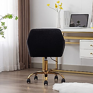 Goujxcy Fluffy Desk Chair, Black Faux Fur Vanity Chair Swivel Office Chair for Girls Women, Height Adjustable Cute Teddy Furry Makeup Chairs for Bedroom Home Office