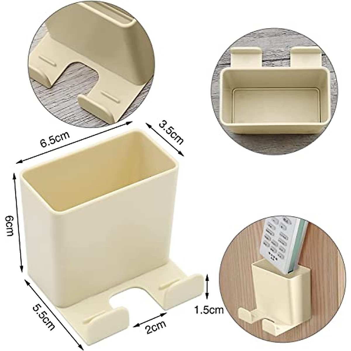 2 Pieces Remote Control Storage Boxes, Wall-Mounted Mobile Phone Holder, ABS Paste Wall-Mounted Organizer Box with Hook for Mobile Phone Charging Stand, Storage Box for Home and Office Use - White