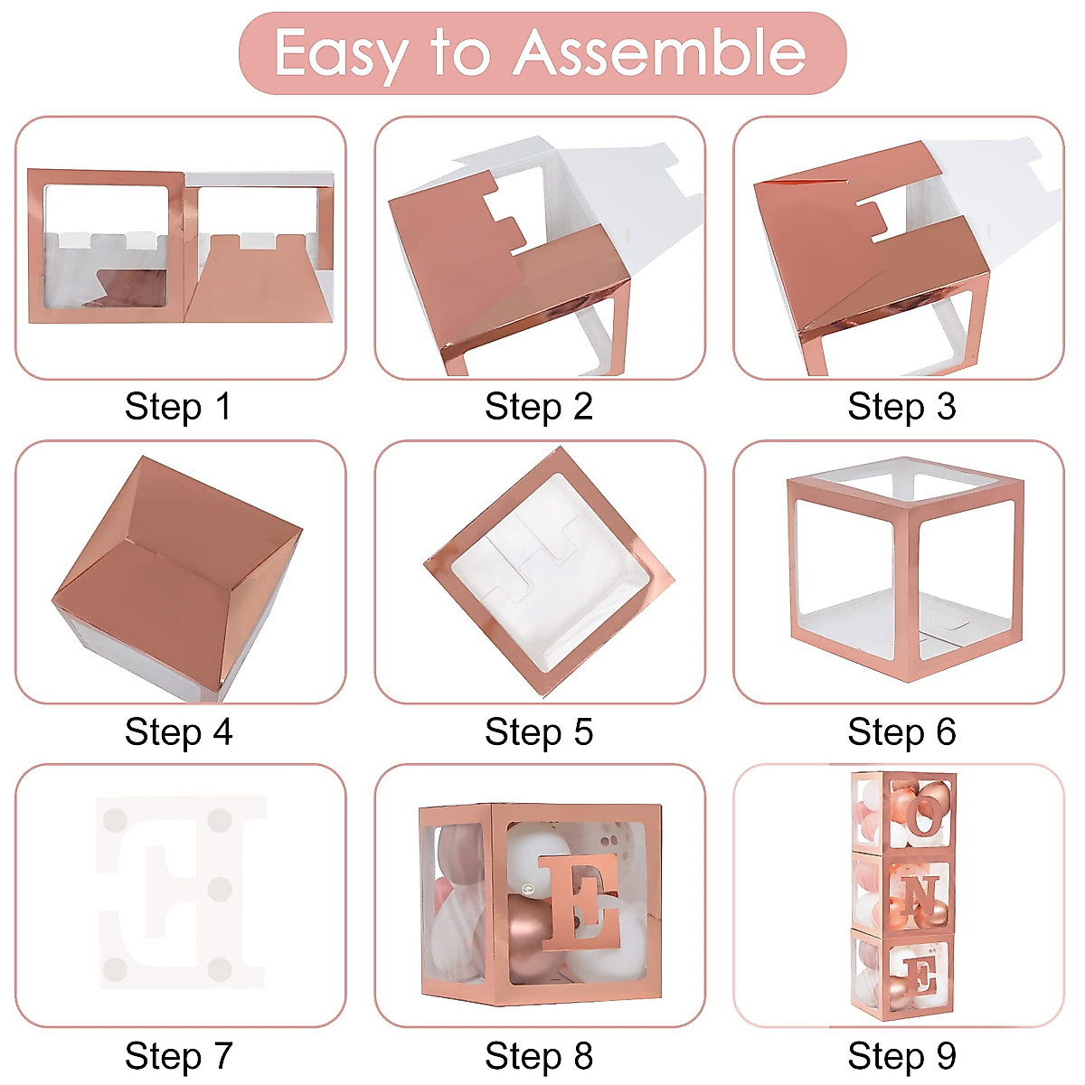 RUBFAC 1st Birthday Rose Gold Baby Shower Decorations for Girl Rose Gold Balloons 1st ONE Boxes Foil Balloon Hanging Swirls for Baby 1st Birthday Party