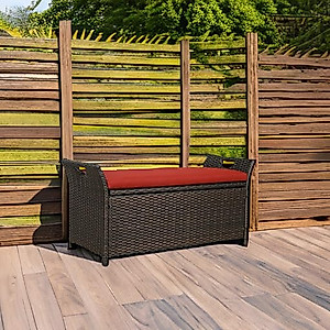 PATIO TREE 40 Gallon Outdoor Storage Bench Rattan Deck Box Patio Steel Frame Wicker Storage Container with Cushion, Red NPT-900004