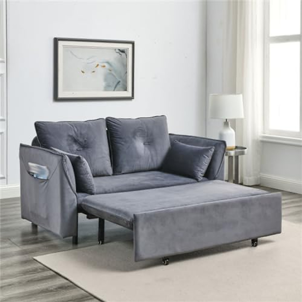 ADUH 57" Convertible Sofa Bed with 2 Detachable Arm Pockets, Velvet Loveseat Multi-Position Adjustable Sofa with Pull Out Bed