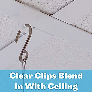 SHARP TANK Clear Grid Clips - 60 Pc Set Ceiling Hook Kit (30 Clips, 30 Hooks) Perfect for Hanging Classroom Decorations, Signs, Decore from Drop Ceiling T-Bar