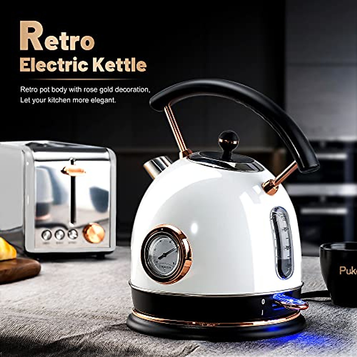 Pukomc Retro Electric Kettle Stainless Steel 1.8L Tea Kettle, Hot Water Boiler with Temperature Gauge, Led Light, Fast Boiling, Auto Shut-Off&Boil-Dry Protection (White)