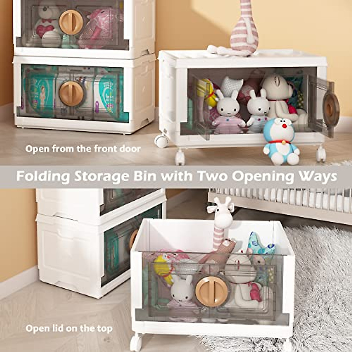 Webetop Large Collapsible Storage Bins with Lid - 19 Gal Folding Storage Box with Universal Wheels, Plastic Storage Bins for Household, Living Room, Dorm Stackable Storage Bins with Door