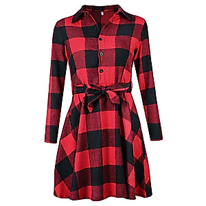FANCYINN Womens Christmas Plaid Dresses Flannel Button Down Long Sleeve Shirt Dress Winter Casual Dresses Mini Dress with Belt Red M