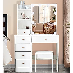 Makeup Vanity Set with Mirror & Lights, 5 Storage Drawer & Stool, 3 Lighting Modes Adjustable Brightness, Bedroom Dressing Table for Women Girls, White (Modern Vanity W-3)