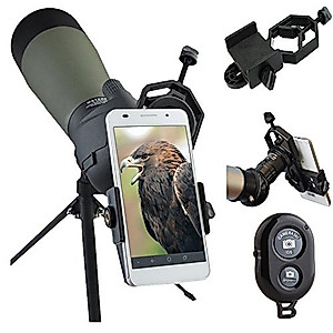 AccessoryBasics Binocular Spotting Scope Telescope Microscope Periscope Adapter Mount for Smartphone iPhone 13 14 Pro Max Galaxy S23 S22 S21 Note Pixel OnePlus Video Image Recording [Includes Remote]