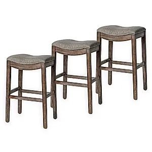 Maven Lane Adrien 31 Inch Bar Height Upholstered Backless Saddle Barstool in Dark Walnut Finish with Ash Grey Fabric Cushion Seat, Set of 2