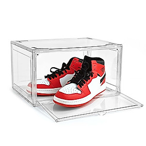EZJOB Modern Clear Shoe Box, Acrylic Sneaker Shoe Storage Box, Stackable Shoe Display Case with Magnetic Door, 1 Pack Size 15
