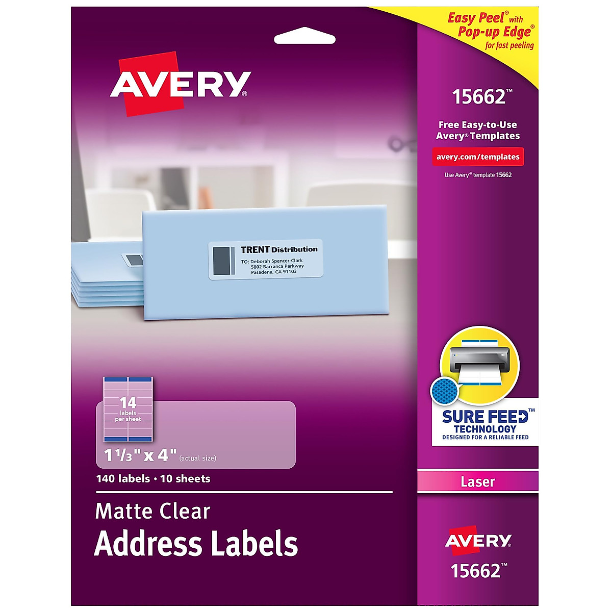 Avery Printable Address Labels with Sure Feed, 1-1/3" x 4", Matte Clear, Permanent Adhesive, Laser Printers, 140 Blank Mailing Labels, Great for Mailing, Product Labels, Jar Labels, and More (15662)