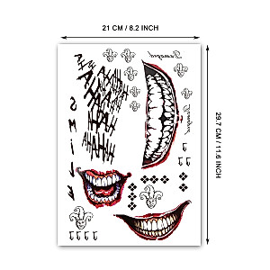 3-Pack Large Cosplay Clown Prince JOKAR & HARLI QUYNN Temporary Tattoos – 8.2 x 11.6 Inch Fake Tattoos for Cosplay, Halloween, and Parties