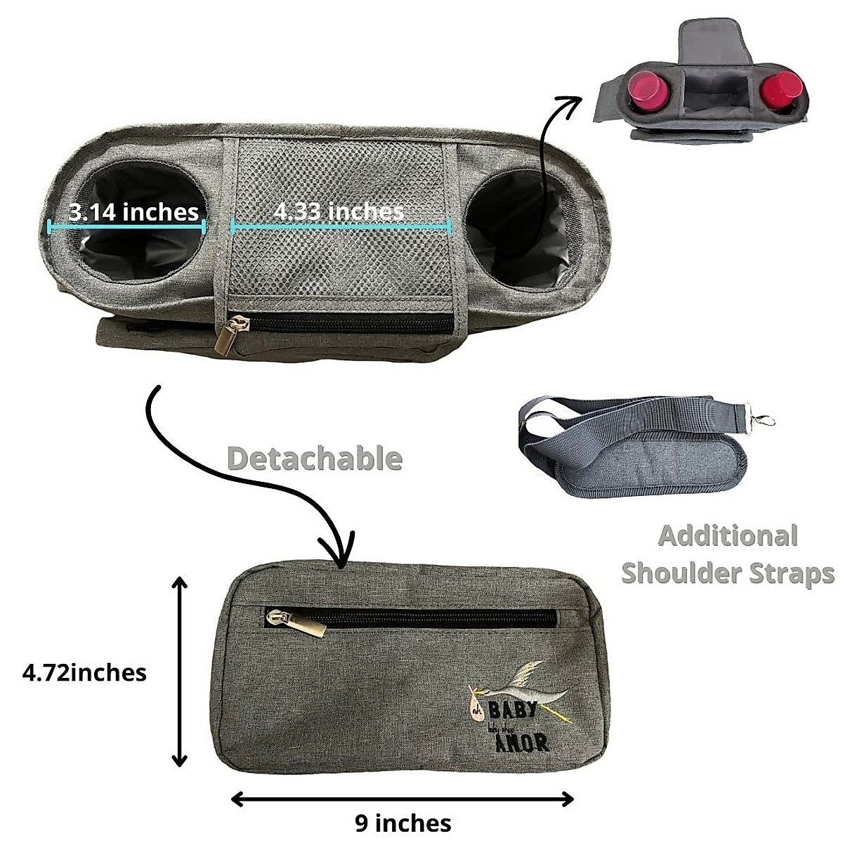 Baby Amor Stroller Organizer with Insulated Cup Holder. Detachable Phone Bag & Shoulder Strap. Fits any stroller.