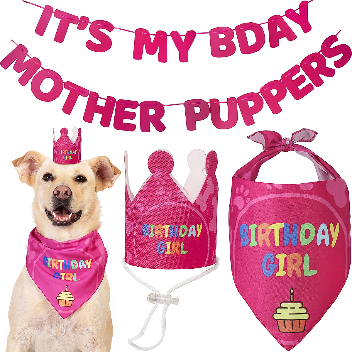 Odi Style Dog Birthday Party Supplies - Dog Birthday Bandana Set - Birthday Girl Bandana for Medium, Large Dogs, Party Hat, Crown and Cute Dog Birthday Banner with It's My Birthday Mother Puppers Sign