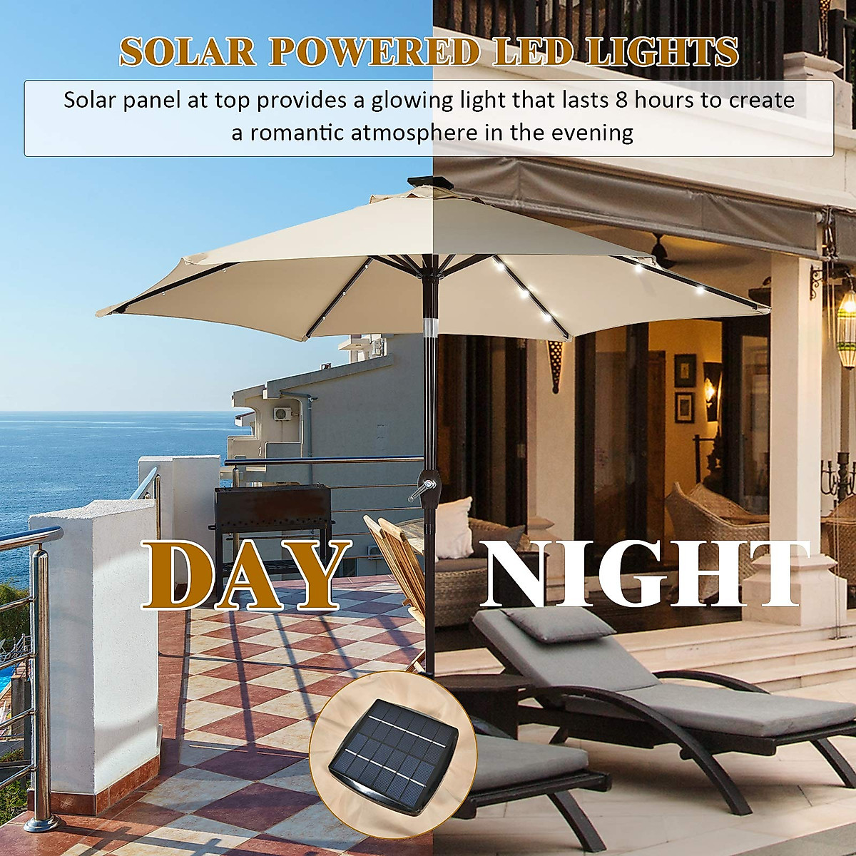 Tangkula 9FT Solar Powered LED Lighted Patio Umbrella, Table Market Umbrella with Tilt and Crank, Outdoor Umbrella with 6 Sturdy Ribs for Garden, Deck, Backyard & Pool (Beige)