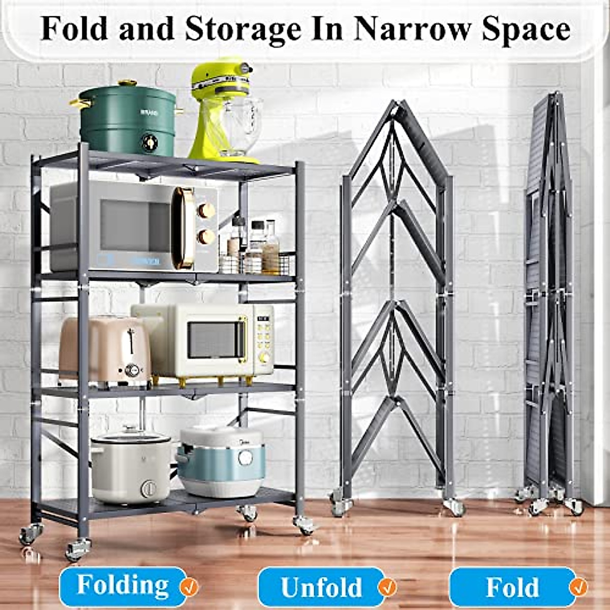 SAYZH 4-Tier Shelves, Foldable Metal Storage Shelves for Garage Plant Shoe Pantry Kitchen Microwave, Grey