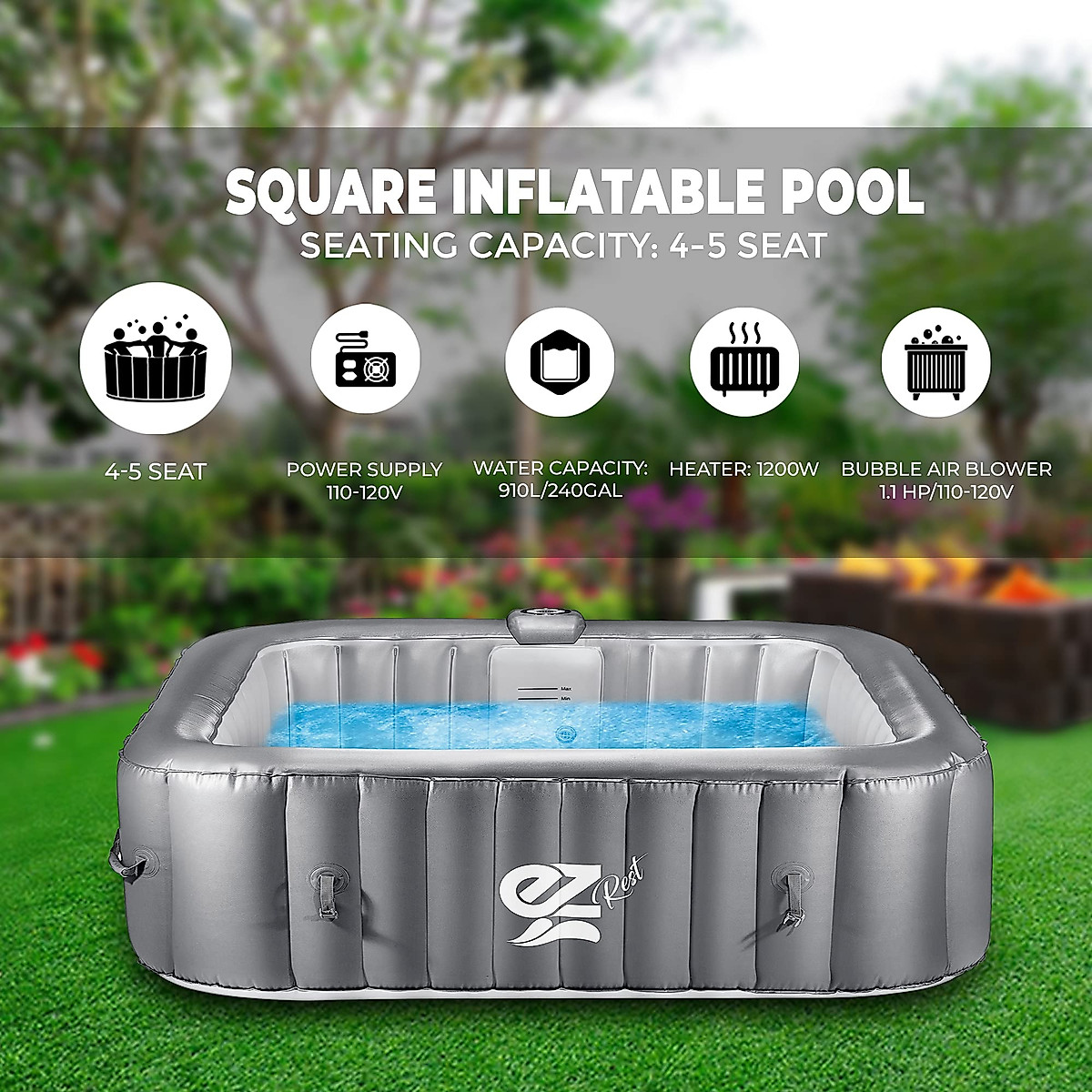 SereneLife Outdoor Portable Hot Tub - 73'' x 73'' x 25'' 6-Person Square Inflatable Heated Pool Spa with 130 Bubble Jets, Filter Pump, Cover, LED Lights, and Remote Control
