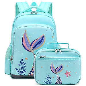 JIANYA Girls Backpack for School Kids Bookbag Kindergarten Elementary Backpack Lunch Box Set, Light Blue