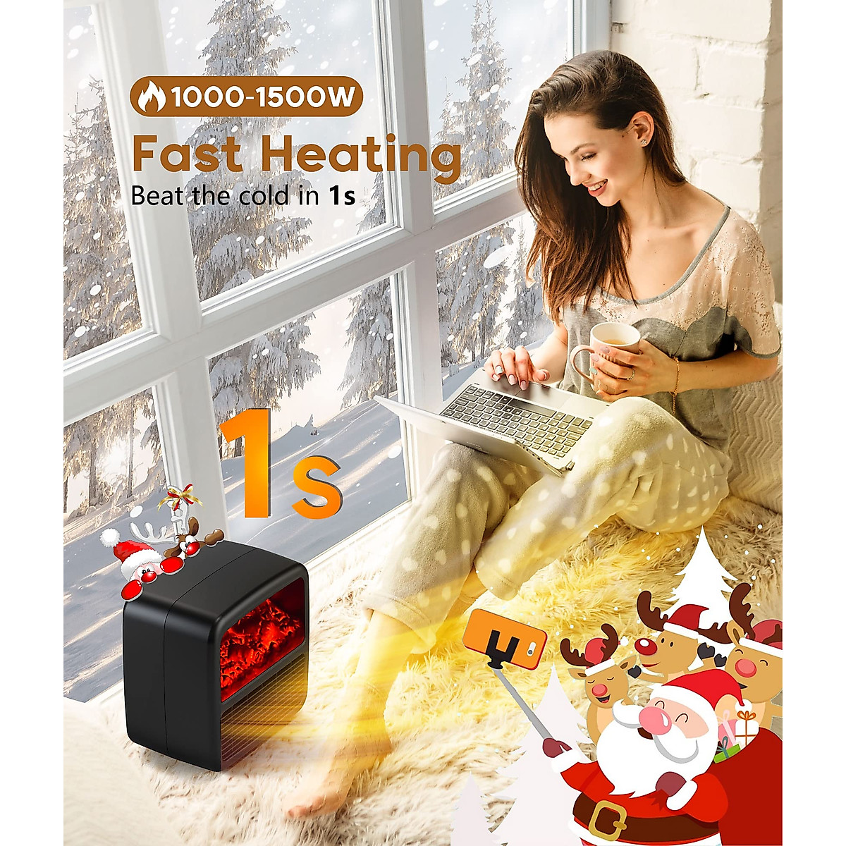 COSYAIREY Space Heater Fireplace, Energy Efficient Space Heater Dynamic Flame Effect, 30% Energy Saving,1s Fast Heating Electric Space Heaters for Indoor Use, Electric Space Heater Tip-Over Protection