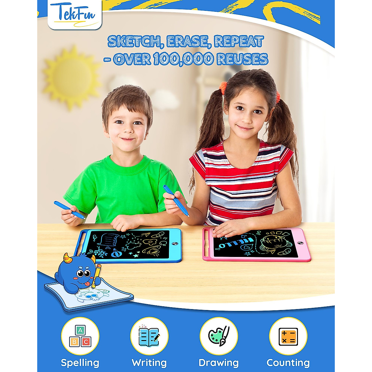 TEKFUN 2 Pack LCD Writing Tablet for Kids, 8.5 Inch Blue+Pink Doodle Board Drawing Board Drawing Tablet with Lanyard, Educational Kids Easter Toddler Toys Birthday Gift for Boys Girls 3-12 Years Old