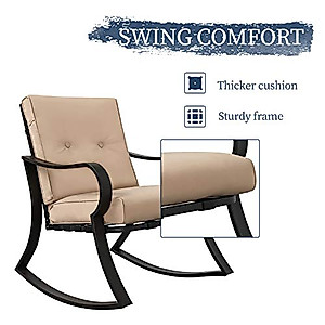 Oakmont Outdoor Furniture 3 Piece Conversation Bistro Set Rocking Chairs and Glass Top Table, Thick Cushions, Black Steel (Brown)
