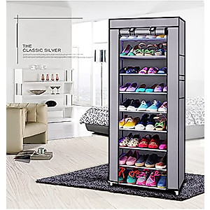 SoSo-BanTian1989 Grey 10 Tiers Metal Tube Frame Shoe Rack with Dustproof Cover, 27 Pairs Shoes Cabinet Closet Storage Organizer Tower Shelf