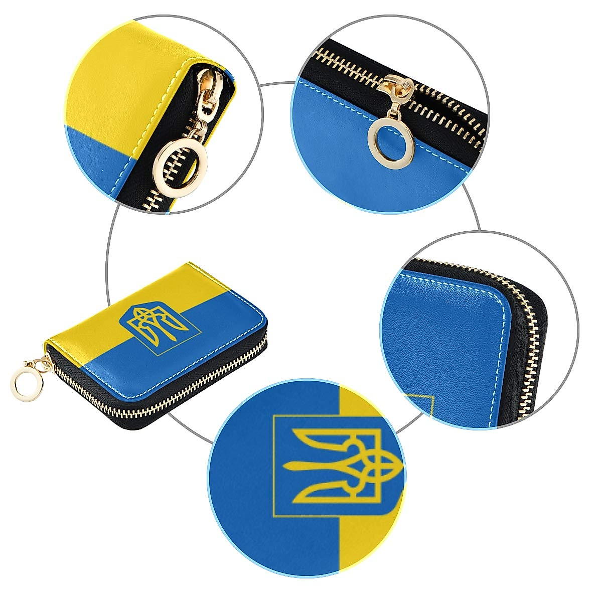 Slim Minimalist Soft Leather Mini Case Holder Organizer Wallet for Women Men Ukraine Flag National Emblem