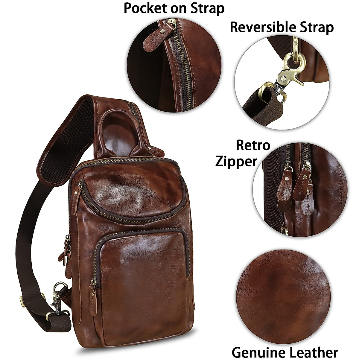 Genuine Leather Sling Bags Hiking Sling Backpacks Vintage Handmade Crossbody Chest Daypack Anti-theft Shoulder Satchel (Coffee)
