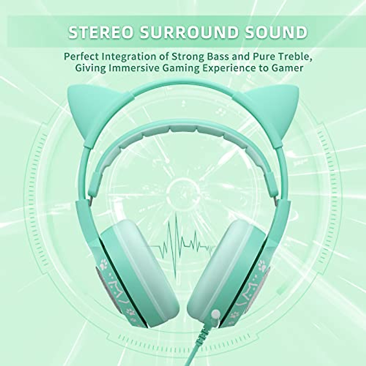 SOMIC G951S Green Gaming Headset with Microphone for PS4, PS5, Xbox One, PC, Cat Ear Headphones Over Ear with in-Line Mic Control, Stereo Sound for Girls, Woman