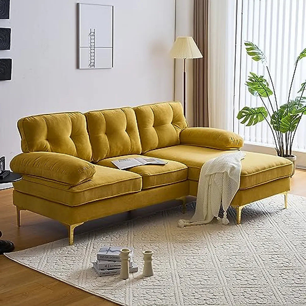 P PURLOVE Modern 3 Seater Sectional Sofa, L Shape Sofa with Comfortable Soft Back and Armrest, Modern Luxury Velvet Couch with Strong Metal Legs for Living Room Bedroom (Yellow)