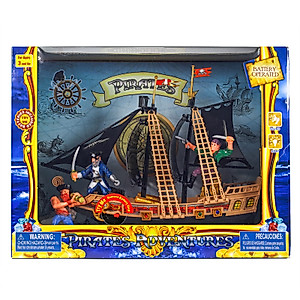 Kidplokio Toy Pirate Ship Boat Adventure Playset with Lights Sounds Action Figures, Black, Boys, Ages 3+