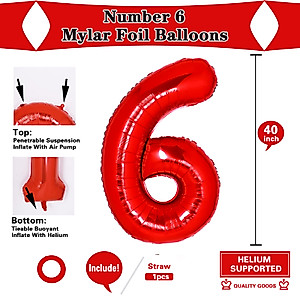 40 Inch Red Number 6 Balloon Large Size Jumbo Digit 6 Mylar Foil Helium Red Balloons for 6th Birthday Party Boys Girl Celebration Decors 6 Years Old Anniversary Photo Shoot for Kids Gift Bridal Shower