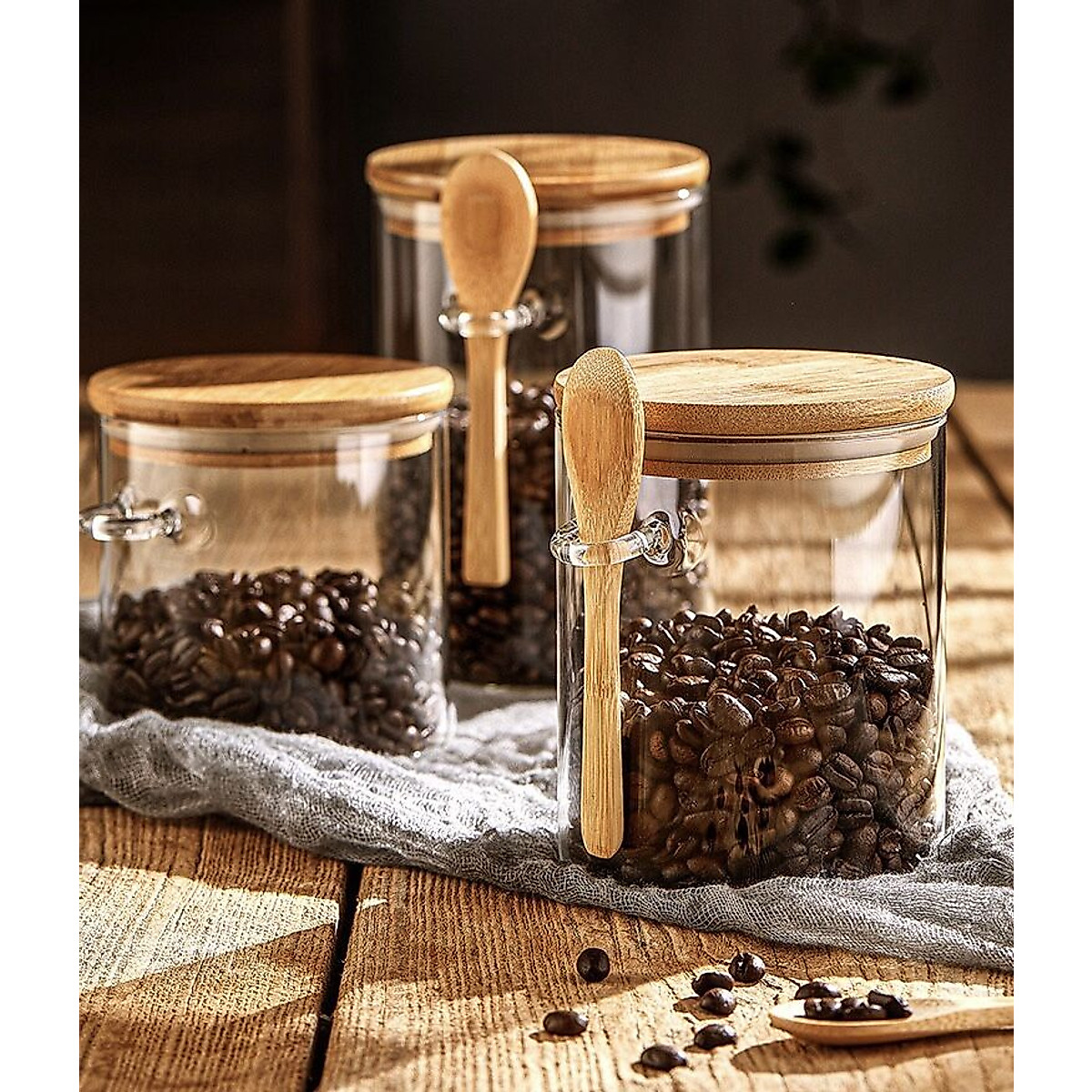 Glass Jars with Bamboo Lids and Spoon Airtight, 18.5Oz Food Storage Containers for Sugar Coffee Nuts, Glass Kitchen Canisters for Flour, Cookie, Candy, Matcha Tea, Oats and Spice Jars