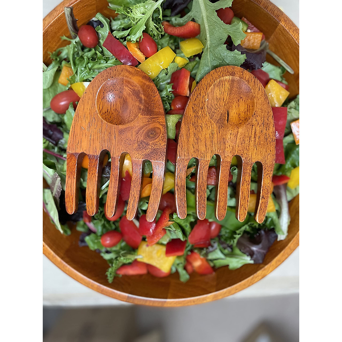 Woodard & Charles Hands Salad Servers, 6" x 4", Cherry Stain