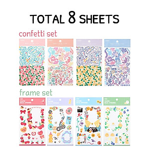 Cute Essential Kawaii Aesthetic Stationery Sticker Pack - 8 Sheets (258+ Stickers) - for Planners, journals, scrapbooks, Gifts, Kpop photocards, polocos, Frame, Removable, Confetti, Flowers, Bubble