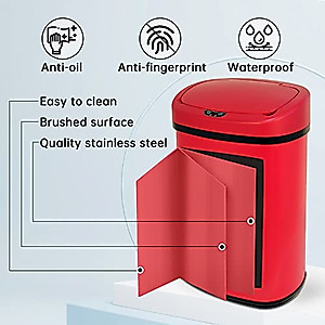 Trash Can 50 L Large Capacity Garbage Can with Lid 13 Gallon Touchless Stainless Steel Rubbish Can for Kitchen Bedroom (RED)