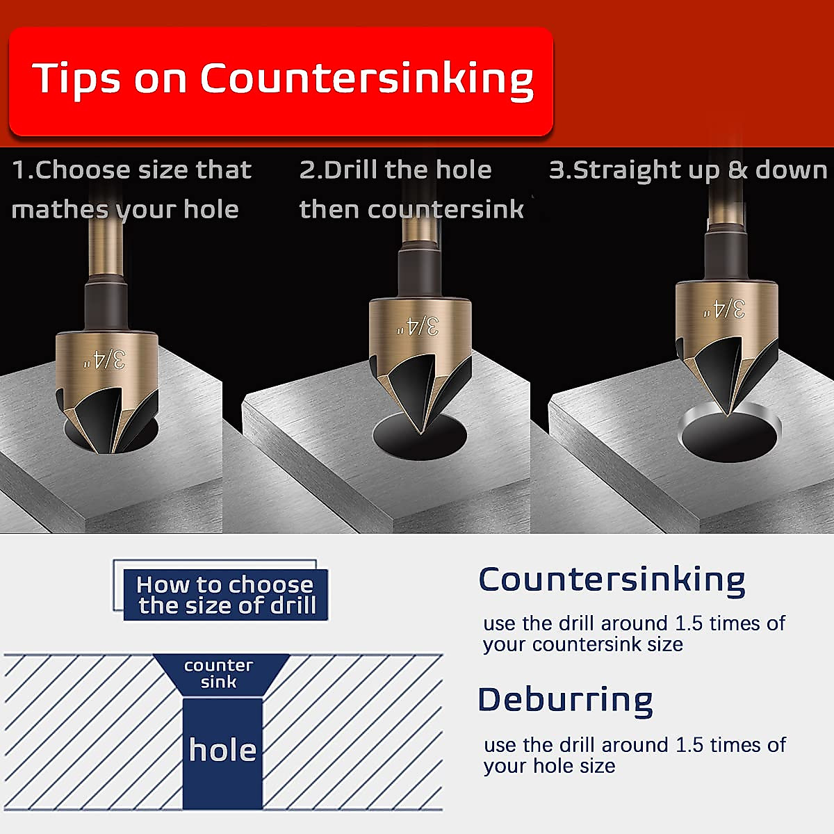 Countersink Drill Bit Set 5PCS 4241 HSS 82 Degree 5 Flute 1/4 Inch Round Shank Mill Cutter Bit Sizes 1/4 3/8 1/2 5/8 3/4 Drill Bits