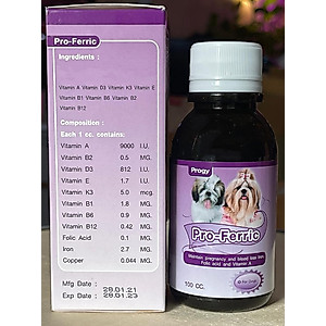 PRO-FERRIC 100 CC. Liquid Tonic Best Pet Booster Blood Support for Dogs Puppies Iron & Multi Vitamins Supplement Super Increasing Animal Immunity Energy & Power, Folic B6 B12 Promotes Red Blood Cell