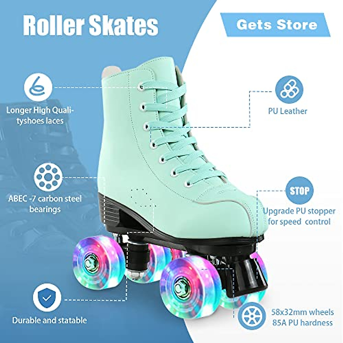 Roller Skate Shoes for Women Men,PU Leather High-top Double-Row 4 Wheel Roller Skates for Beginner, Unisex Indoor Outdoor Roller Skates with Shoes Bag (Flash wheel,43)